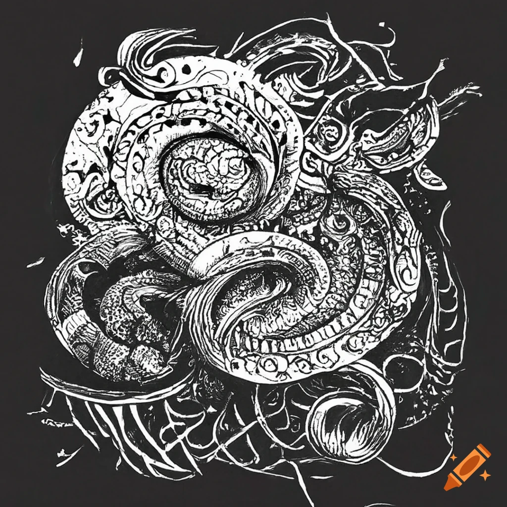 Mysterious ink sketch with intricate curves and symbols forming an ...