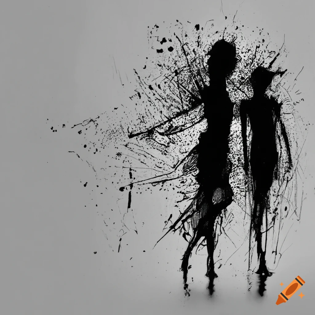 Black ink pencil drawing with splatter paint silhouettes of departing ...