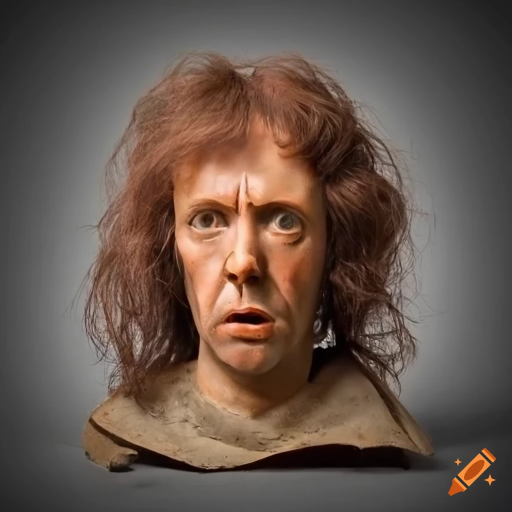 Antique lifelike wax figure bust of a medieval man with worried ...