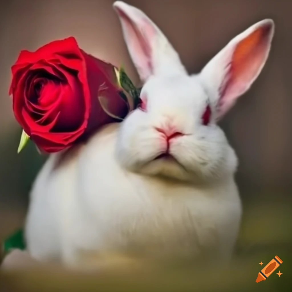 Sleeping white rabbit under a red rose on Craiyon