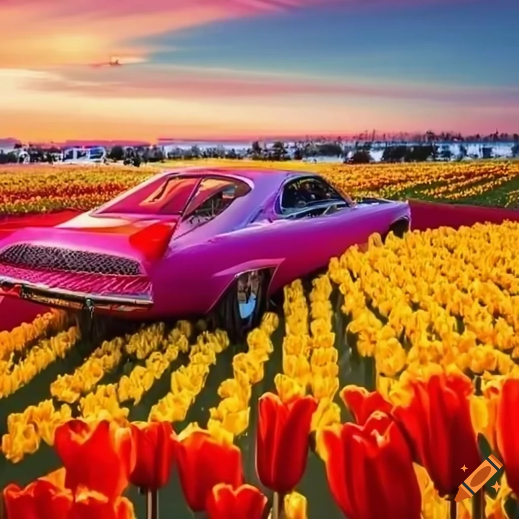 Racing cars speeding over a field of tulips at summernats on Craiyon