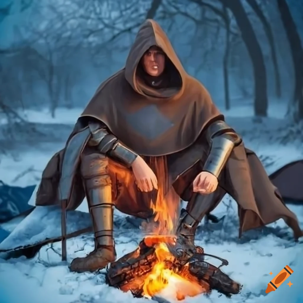 Hooded robed knight sitting near a campfire in the snow on Craiyon