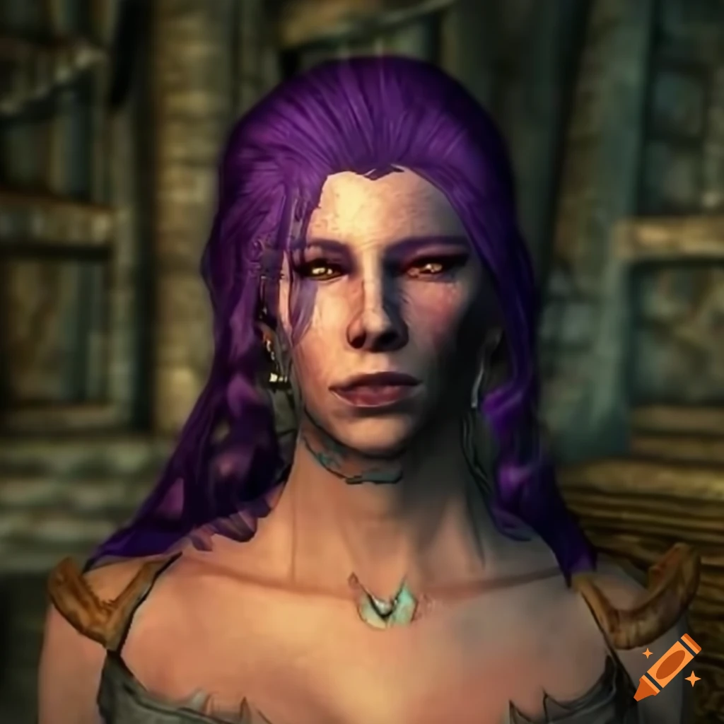 Skyrim dwemer woman with purple skin, dark hair, and orange handprint ...