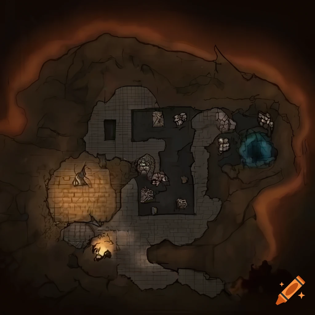 Dungeons and Dragon battle map of a cave with flowing steam on Craiyon