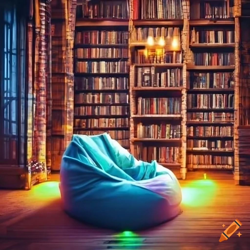 Cozy library with bean bags and colorful lights on Craiyon