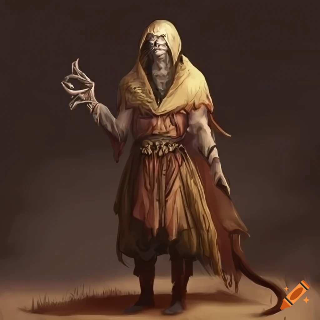 Dark fantasy desert merchant with cunning and mysterious aura on Craiyon