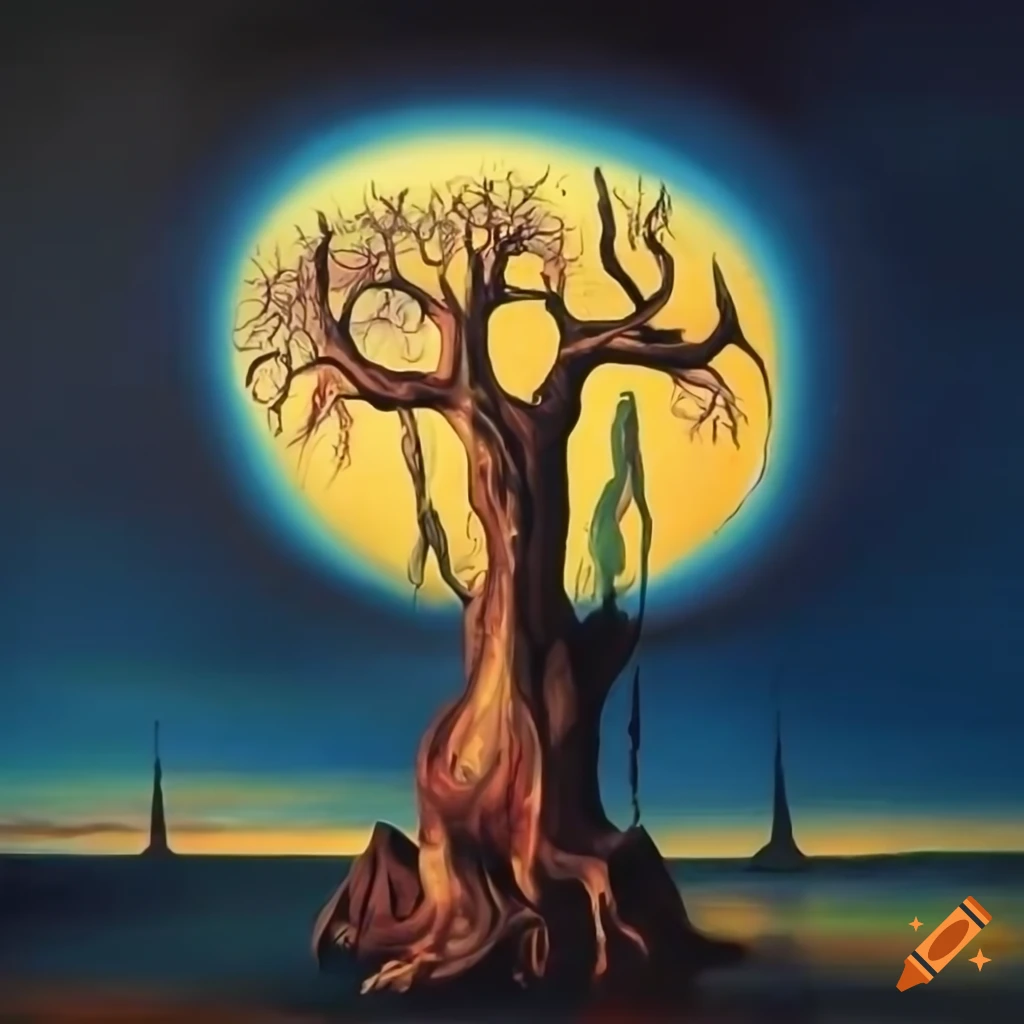 Eerie tree in the style of dali painting on Craiyon