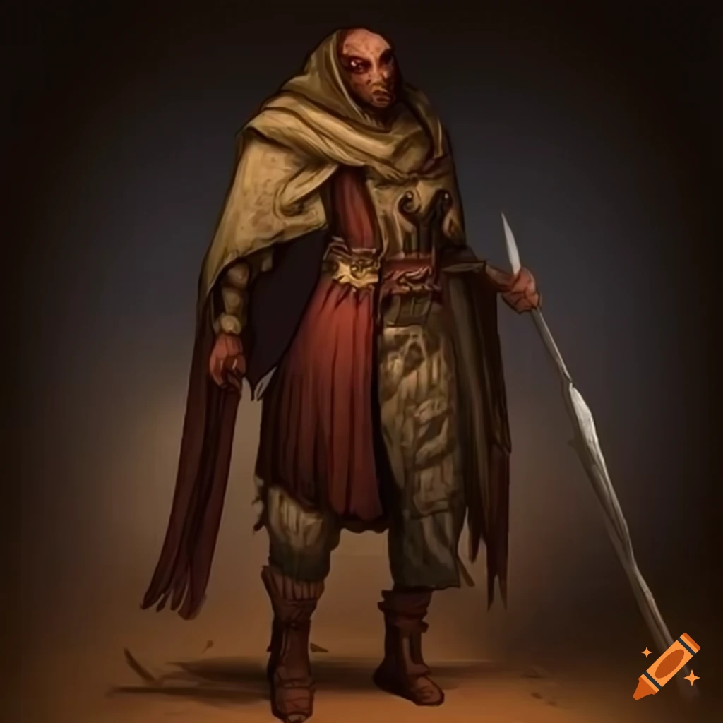 Desert merchant in a dark fantasy setting with a cunning and mysterious ...