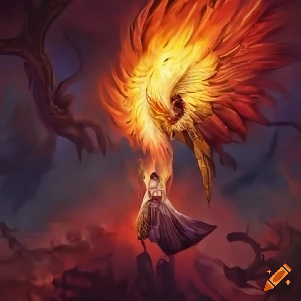 Wizard reaching up to a burning western style phoenix in 21:9 format on ...