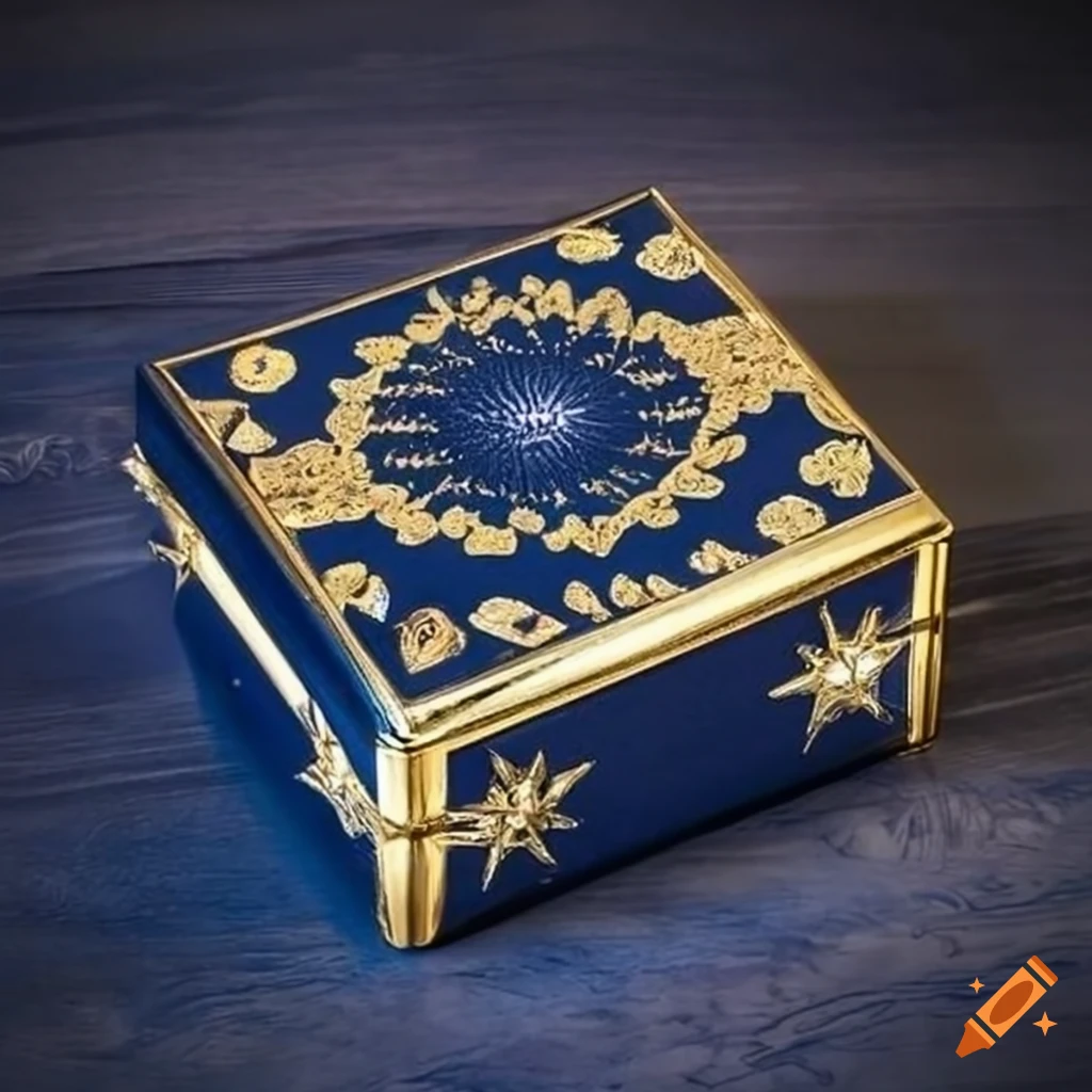 Luxurious makeup box with celestial gold and dark blue motif on Craiyon
