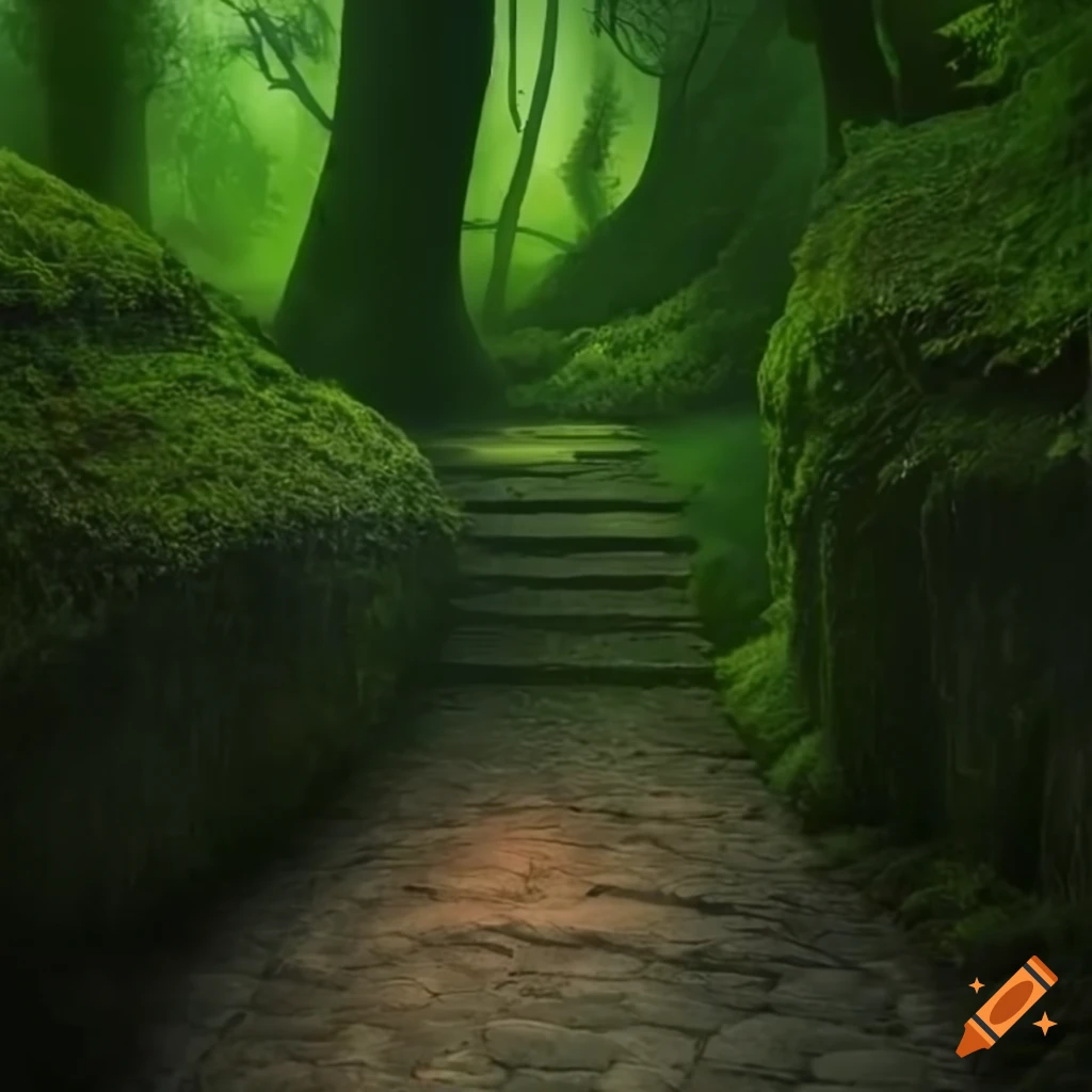 Small moat leading along a wide path through an enchanted forest at ...