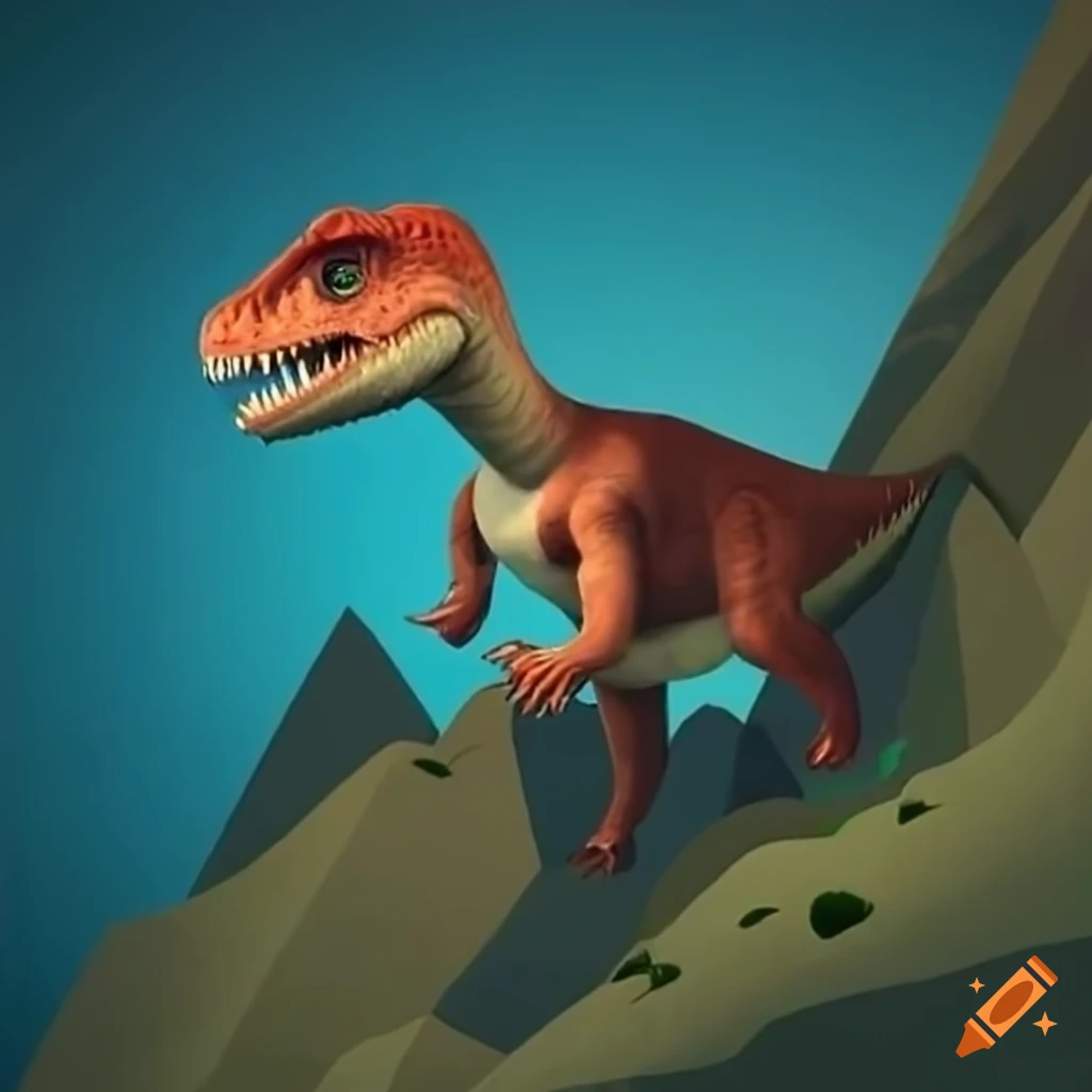 Baby dinosaur climbing steep mountains facing challenges on Craiyon