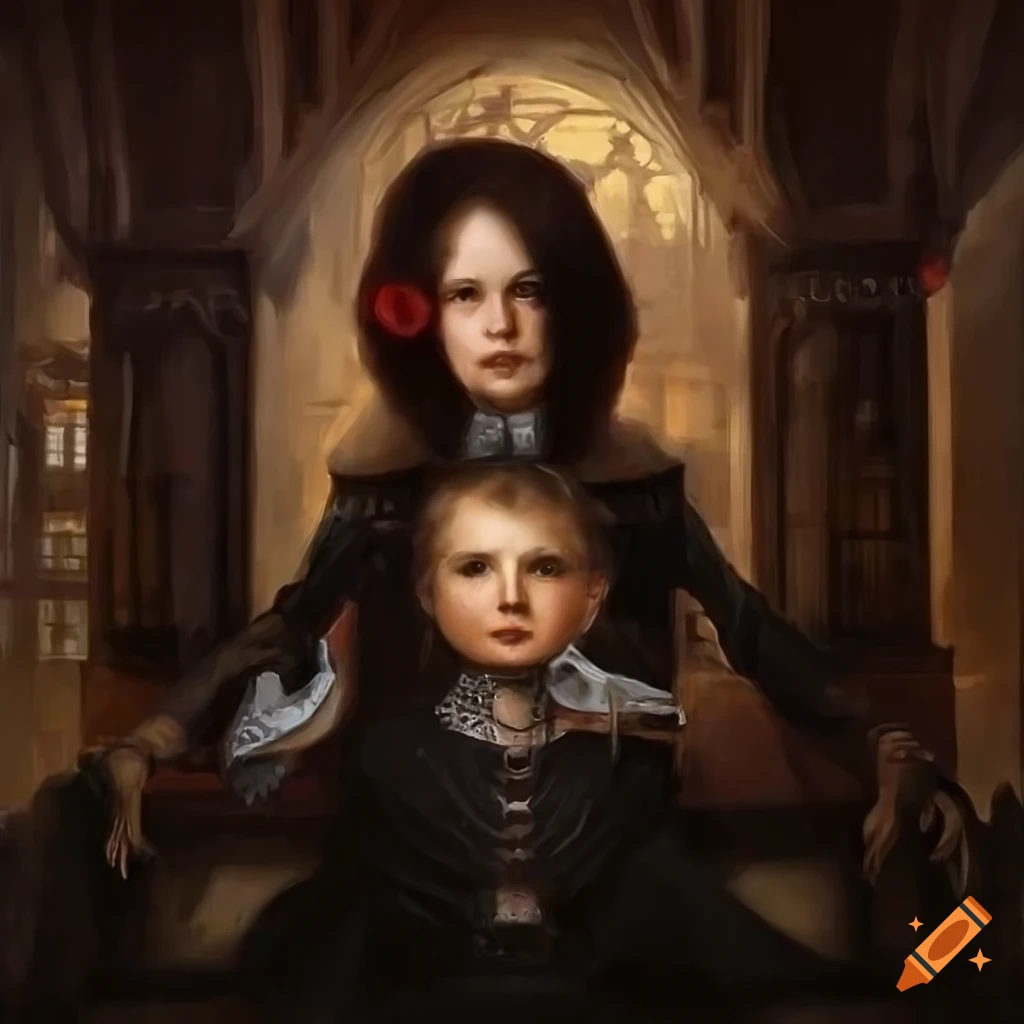 Portrait of a science-fiction gothic nobility family with prosthetics ...