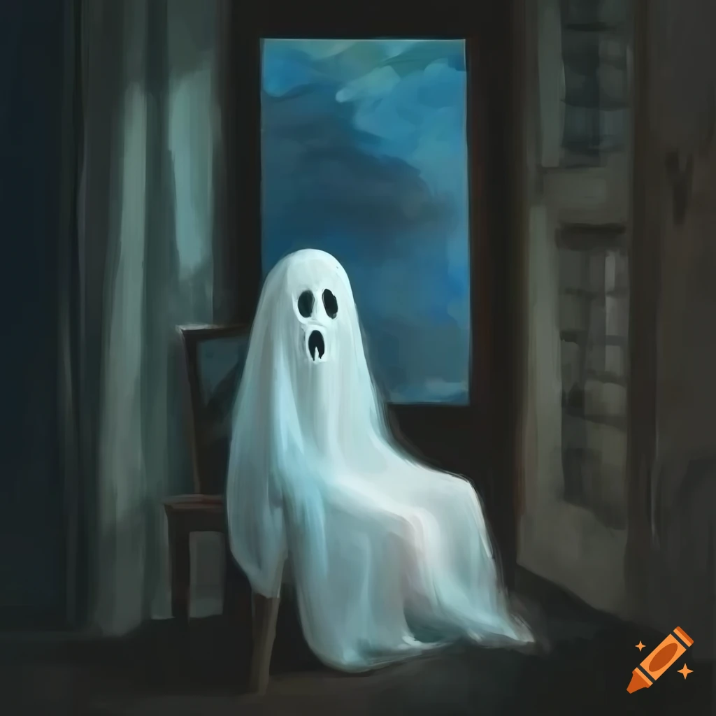 Moody painting of a sad ghost sitting by a moonlit window on Craiyon