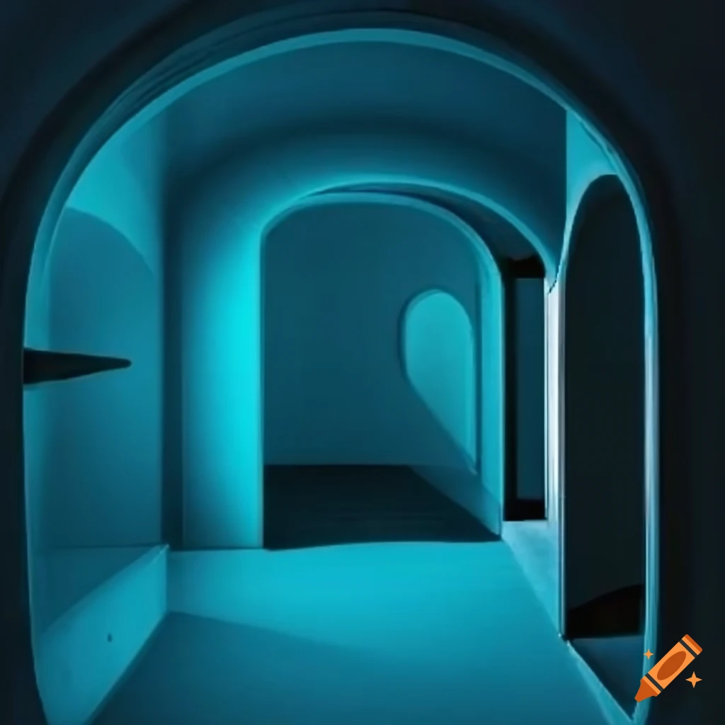 Biomechanical room in a labyrinthine space with abstract frames and ...