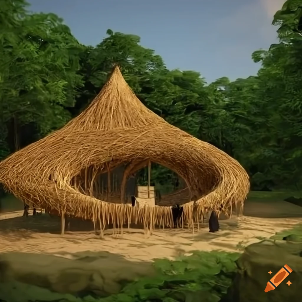 Organic architecture pavilion formed like a tree with interwoven straw ...
