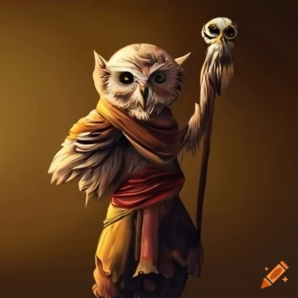 Owl monk holding a bird-headed staff on Craiyon