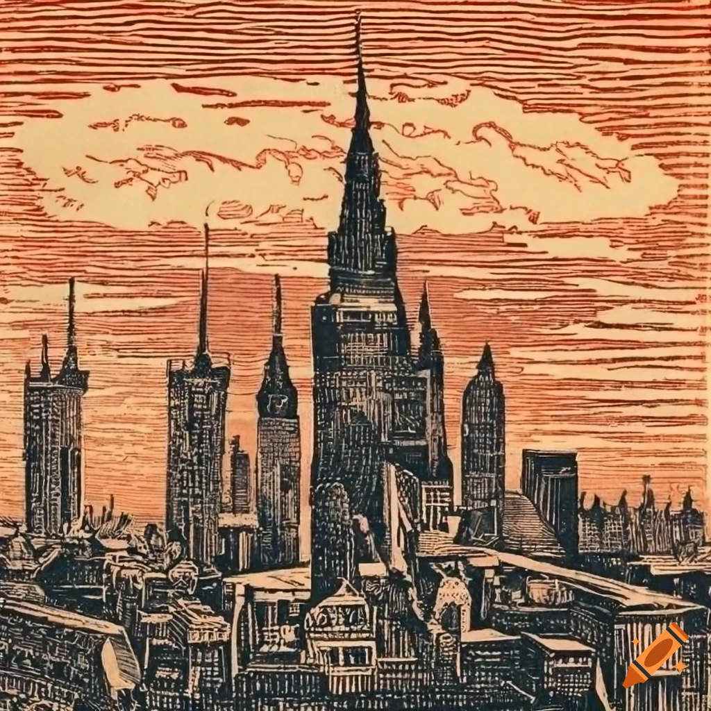 Intricate woodcut engraving of Manhattan cityscape on Craiyon