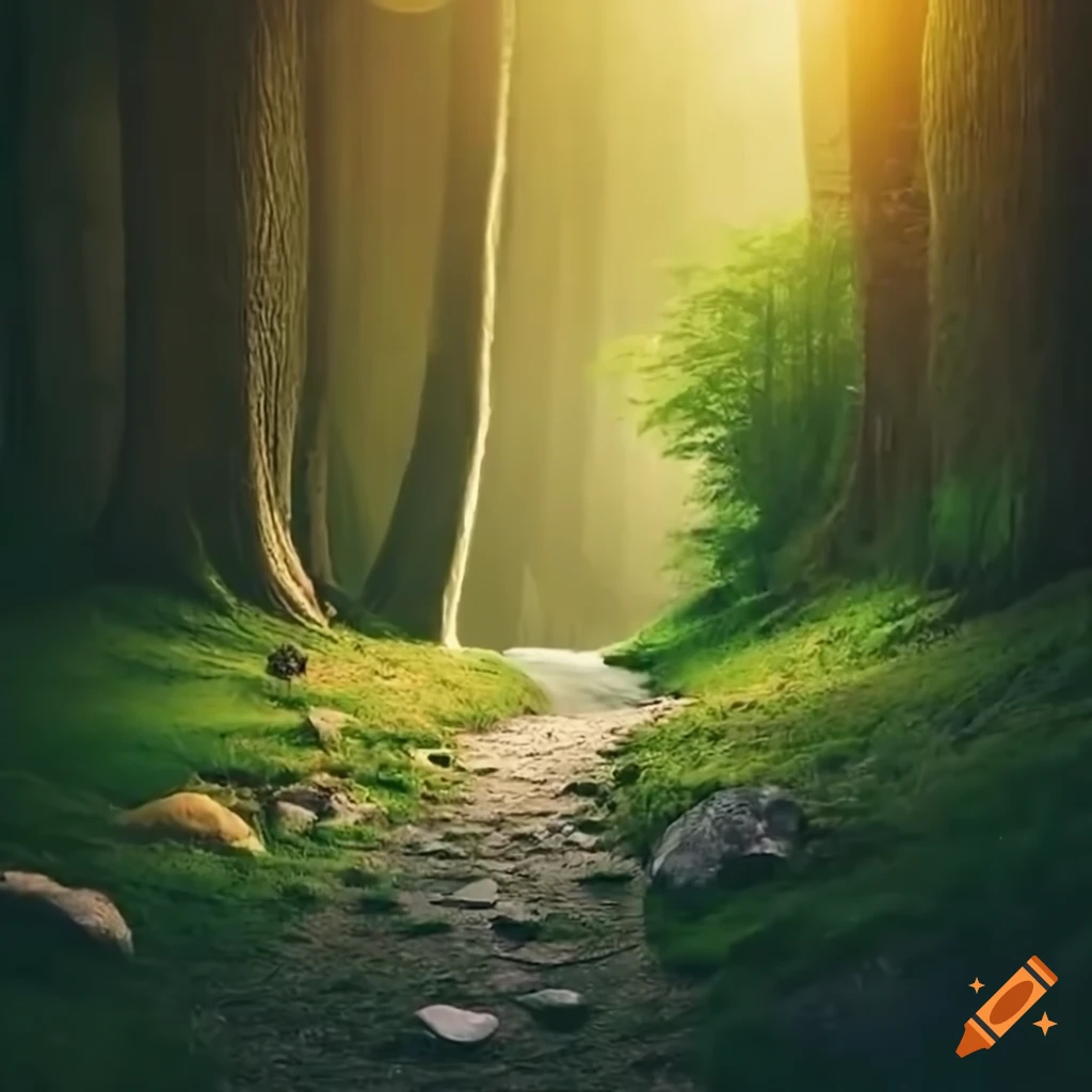 Stone path through a meadow with a clear stream, leading to an ...