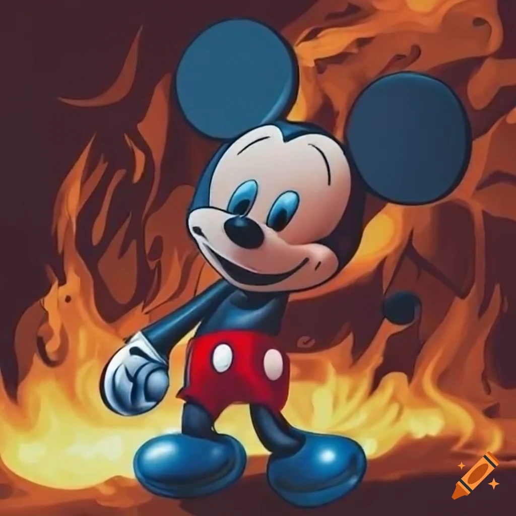 Side view of mickey mouse with fire in the background on Craiyon