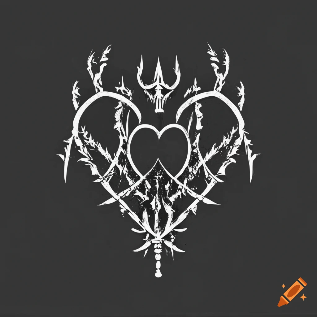 Black and white satanic logo with branches, spikes, and heart in a ...
