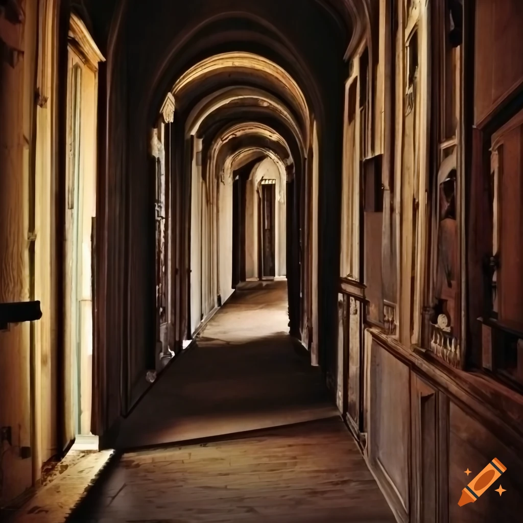 Long old hallway with doors and staircase on Craiyon