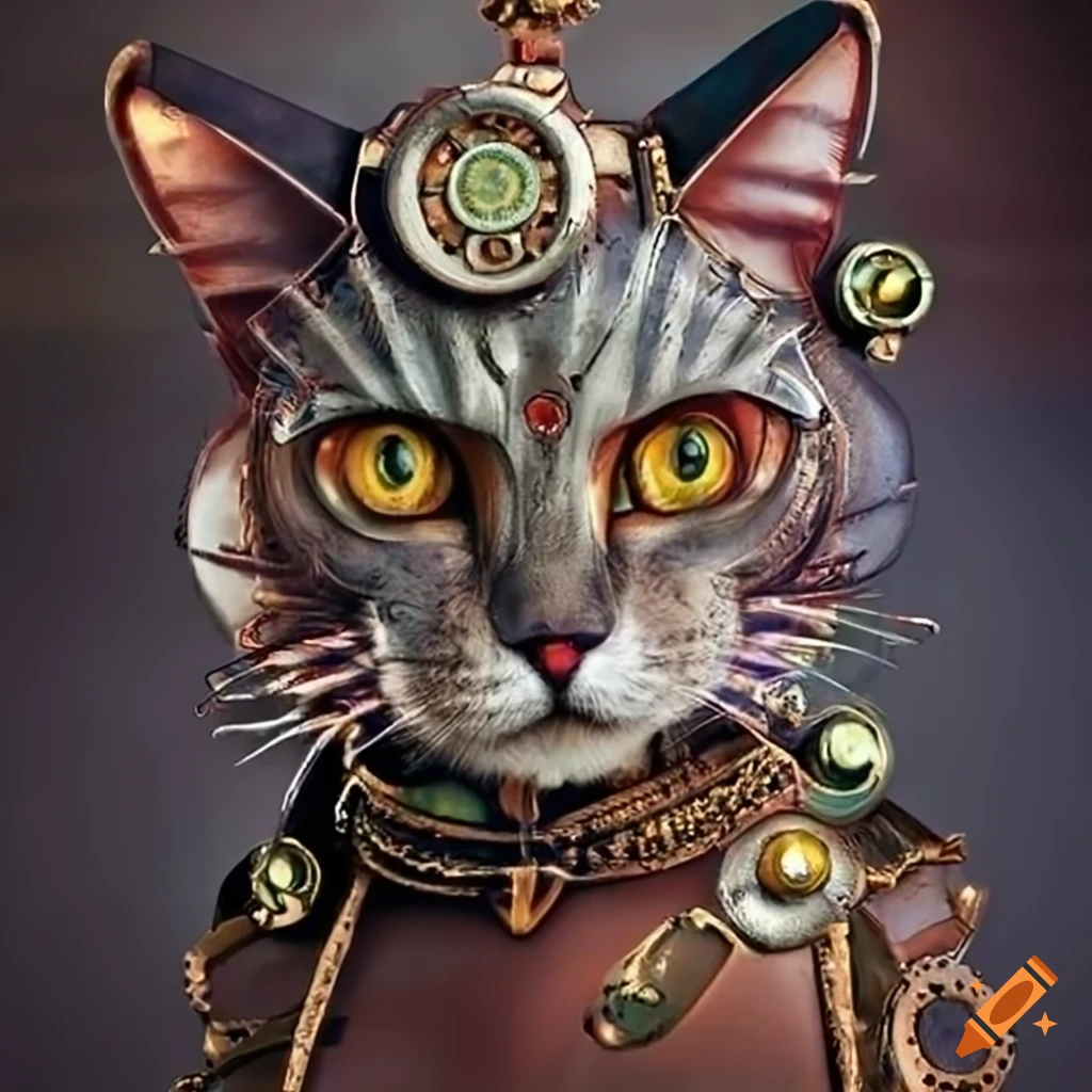 Steampunk cyborg cat goddess in a fantasy setting on Craiyon