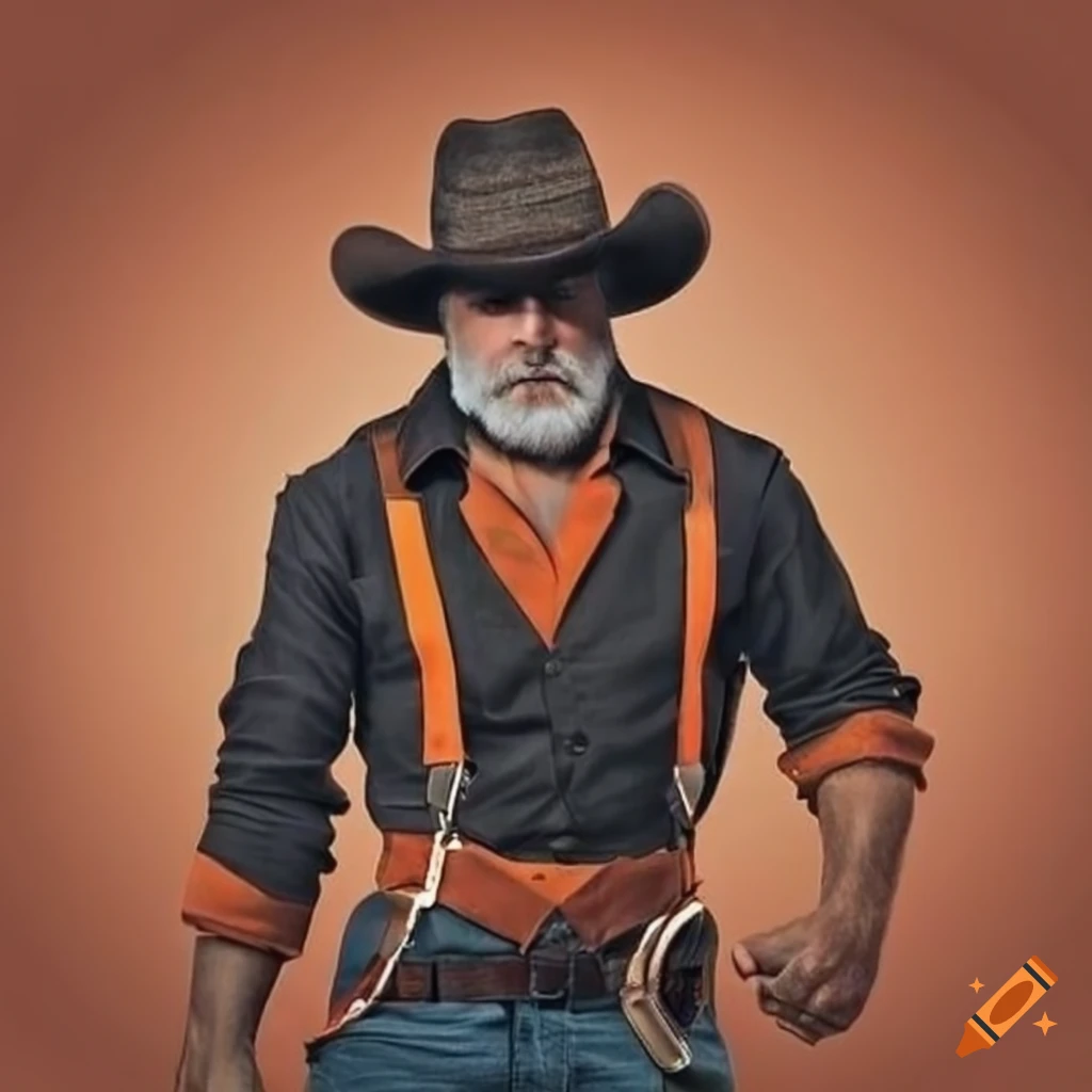 Cowboy with covered eyes, grey hair, and beard in black shirt with ...