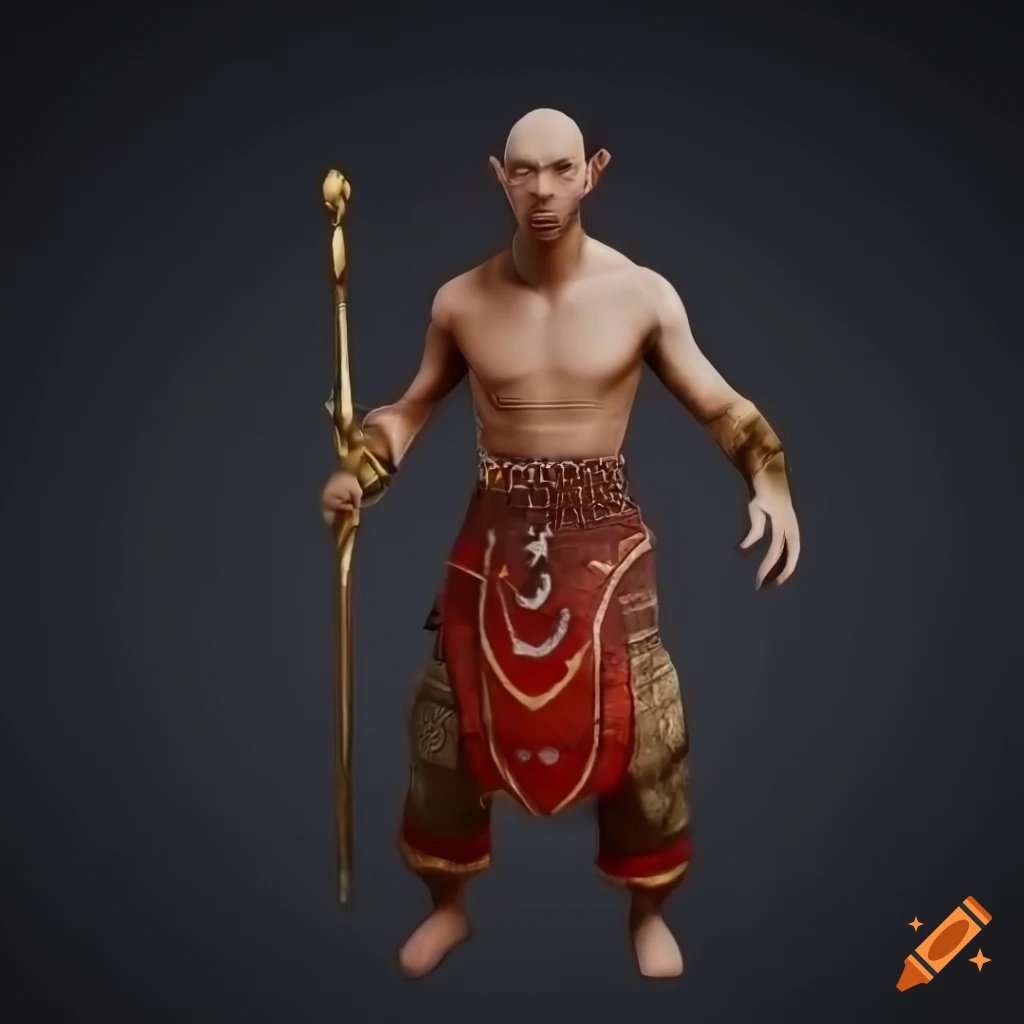Sci-fi elf monk with red ponytail and golden staff in Etruscan-Hittite ...