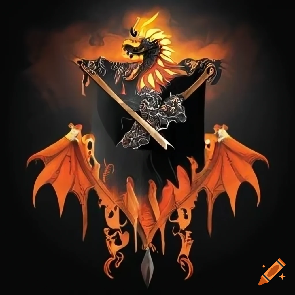 Black medieval banner with orange dragon and crossed swords on Craiyon