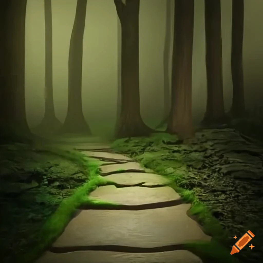 Stone path through an enchanted magical forest in the evening on Craiyon
