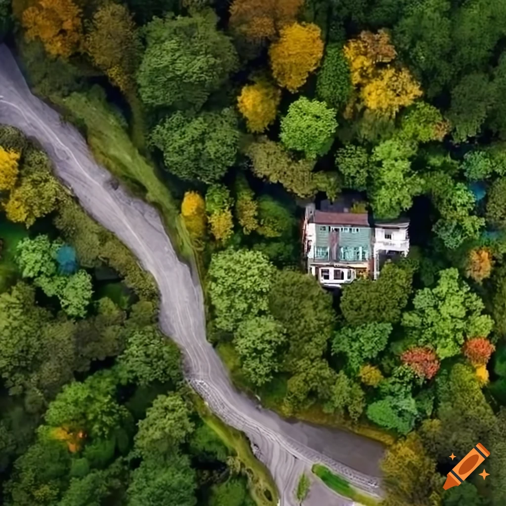 Bird's eye view of a small town with a stream and dense foliage on Craiyon