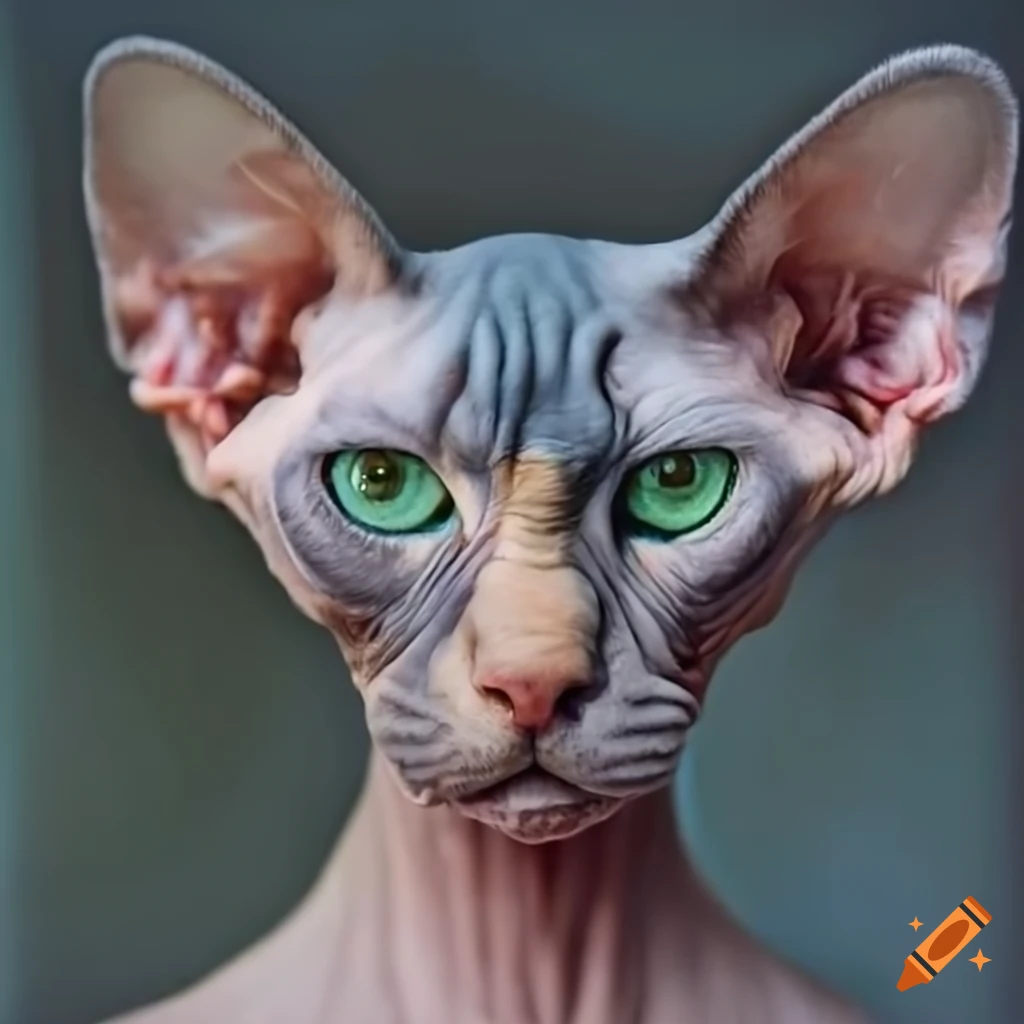 Close-up portrait of a sphynx cat with humanoid visage on Craiyon