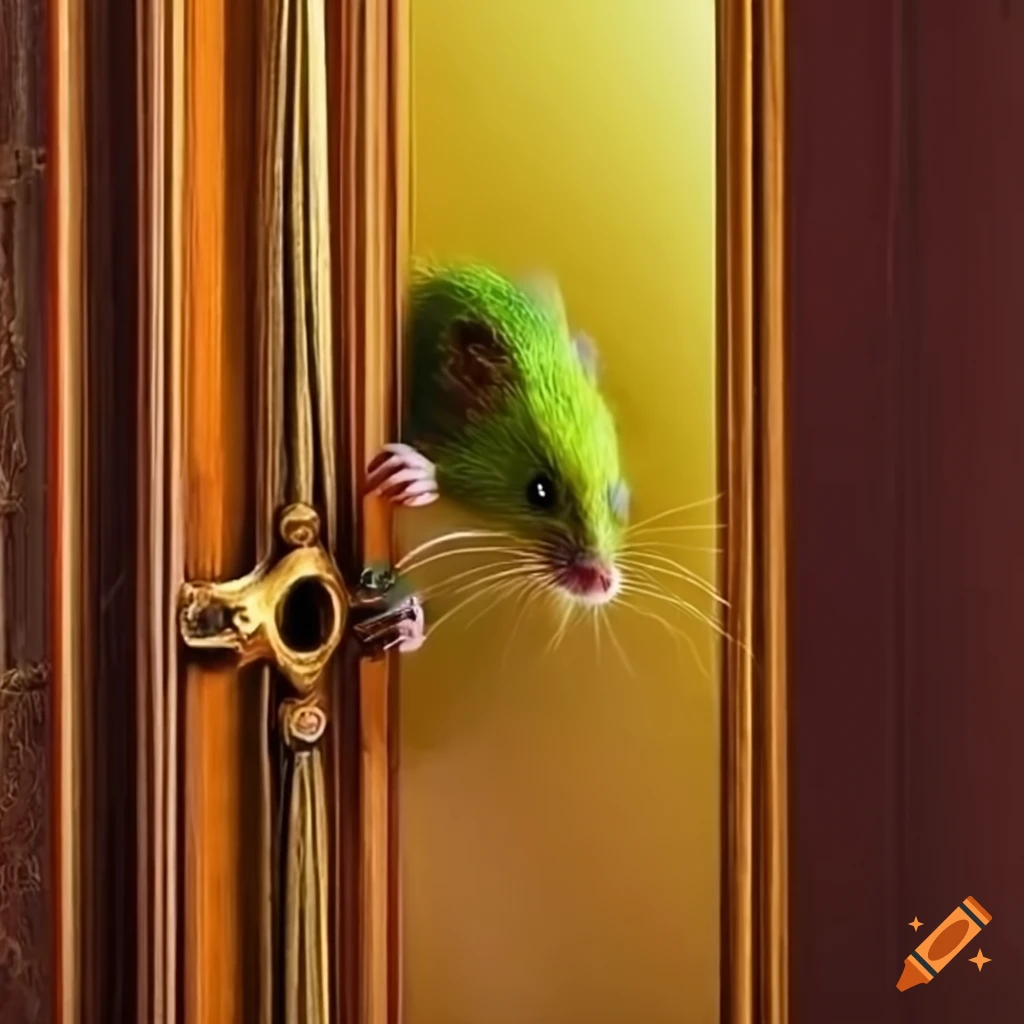Green mouse entering a golden door into a bright room on Craiyon
