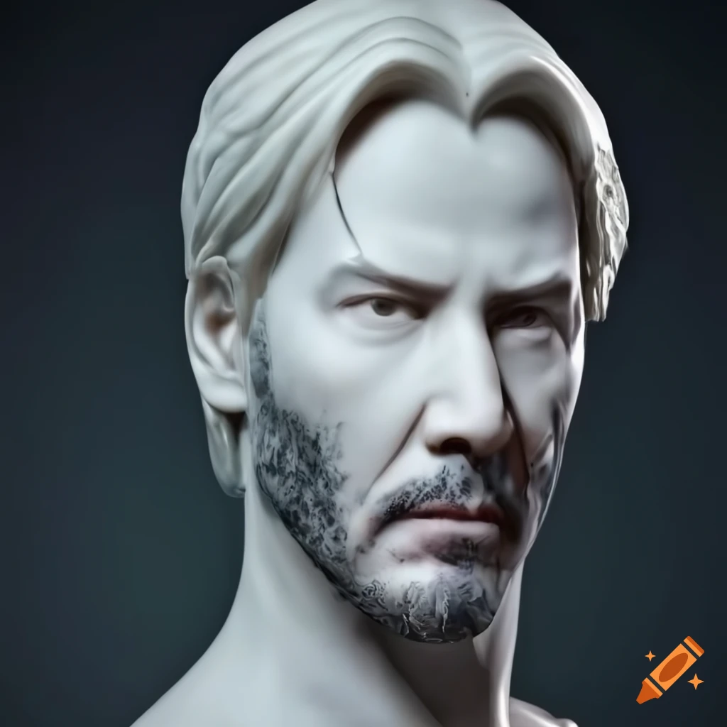 White marble statue of keanu reeves with translucent eyes on Craiyon