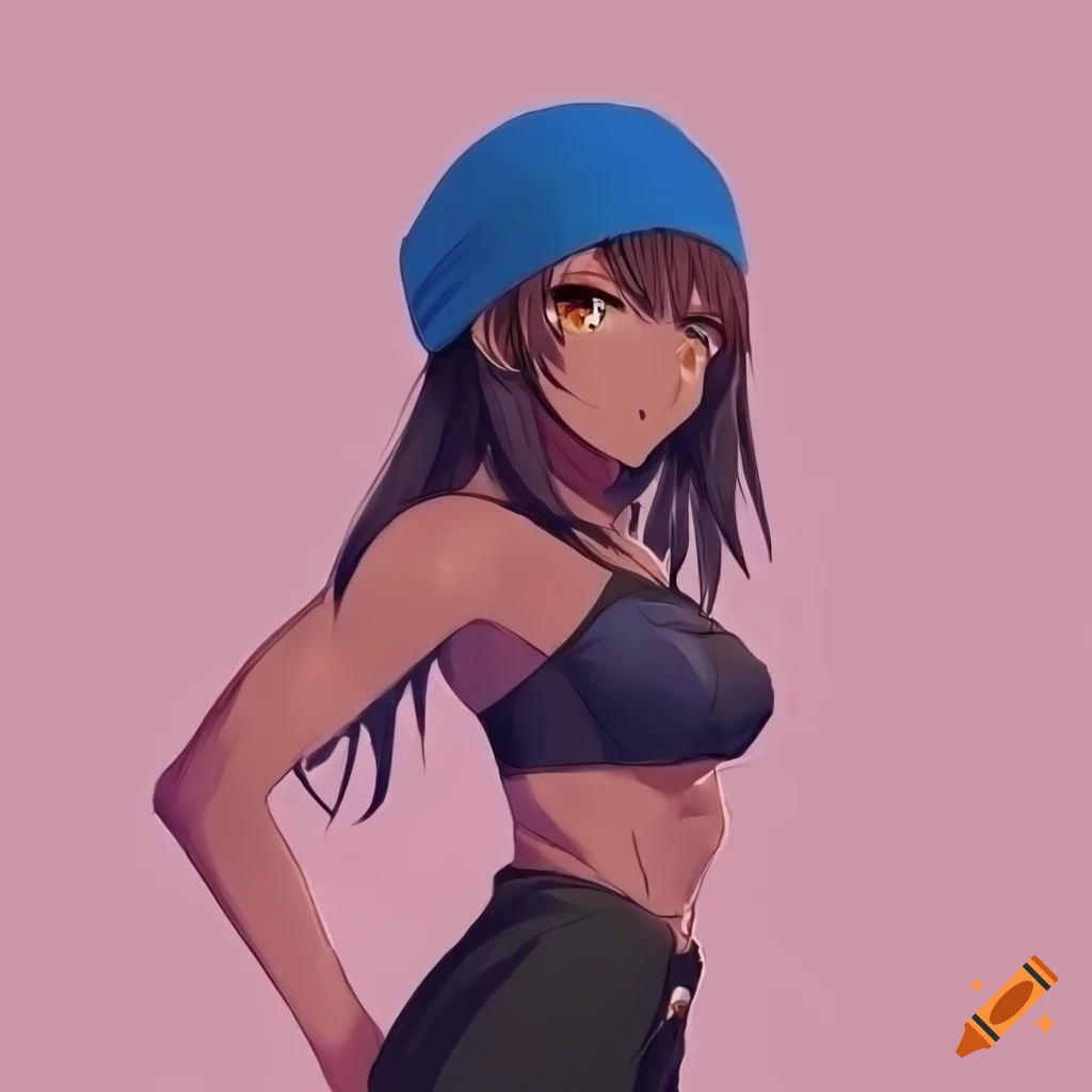 Dark Skinned Anime Girl With Blue Beanie Crop Top And Black Pants In