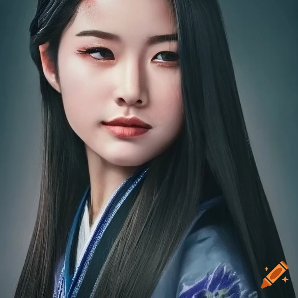 Close-up of a beautiful Japanese girl with dark long hair on Craiyon