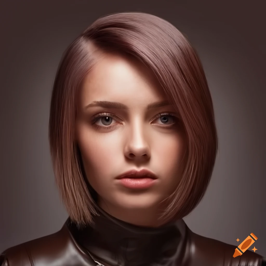Beautiful woman in leather jacket with pixie cut hairstyle on Craiyon