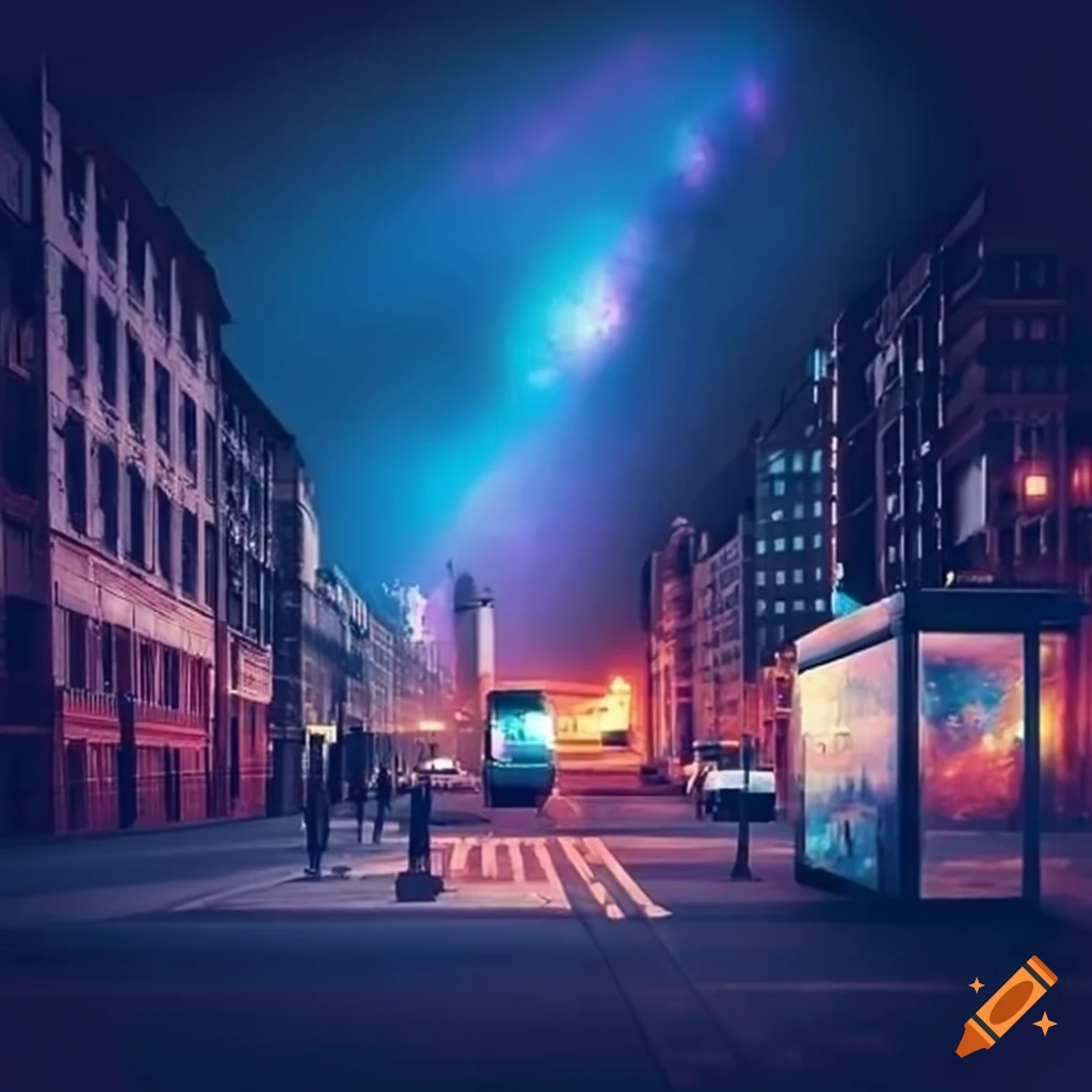 Bus stop bench in a busy city with a galaxy backdrop on Craiyon