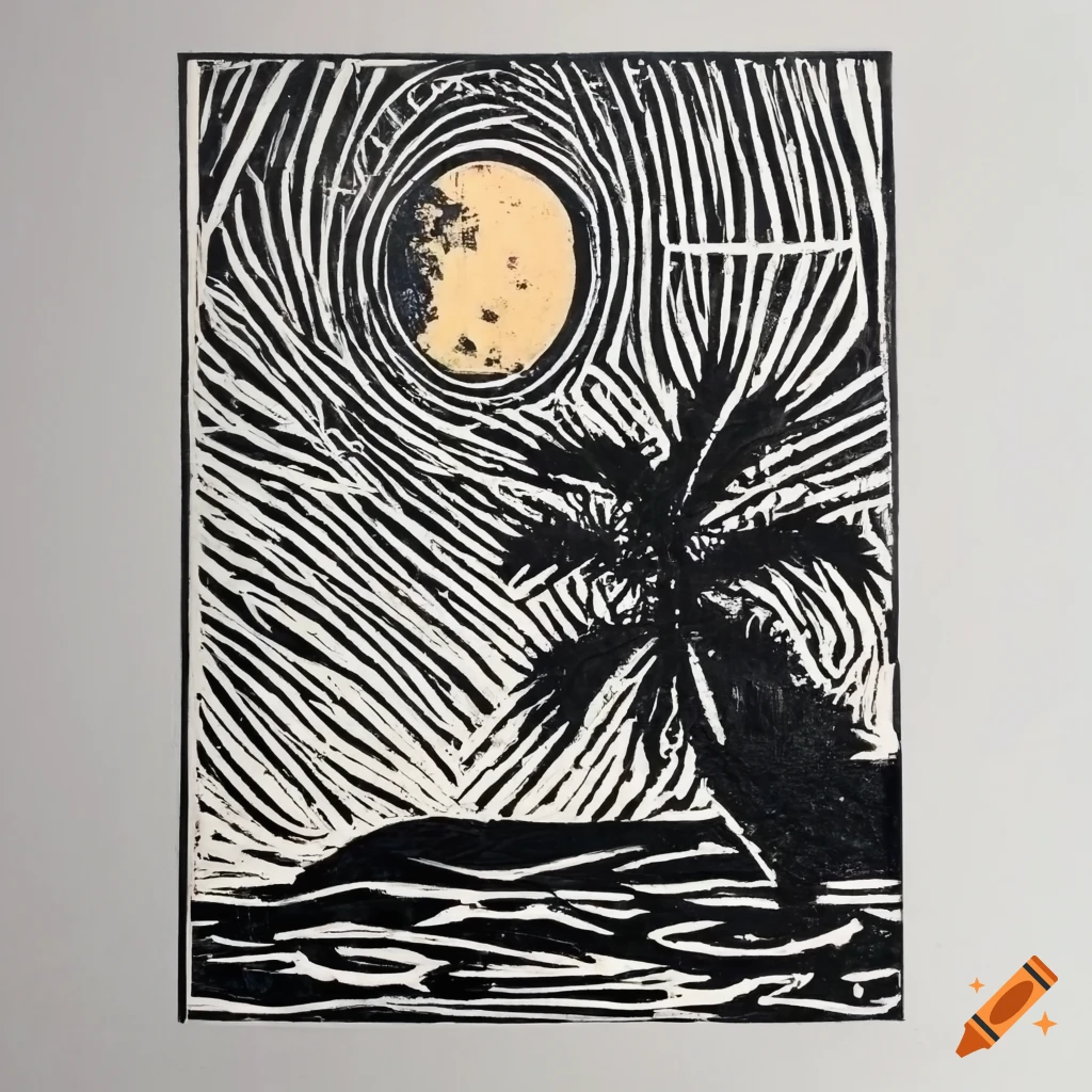 Palm tree with the moon in lino print style on Craiyon