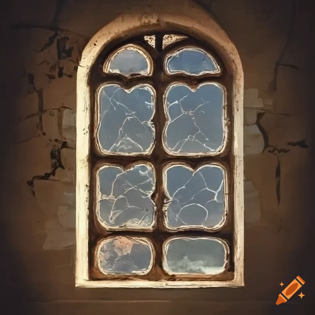Medieval quatrefoil window with intricate details and faded sky in the ...
