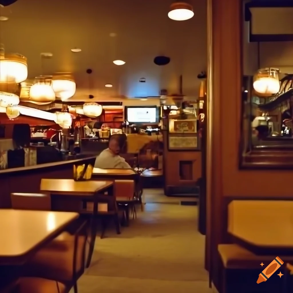 Interior of an empty denny's cafe at night on Craiyon