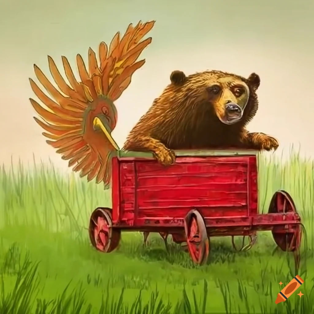 Humorous painting of a winged bear in a red wagon on the grass on Craiyon