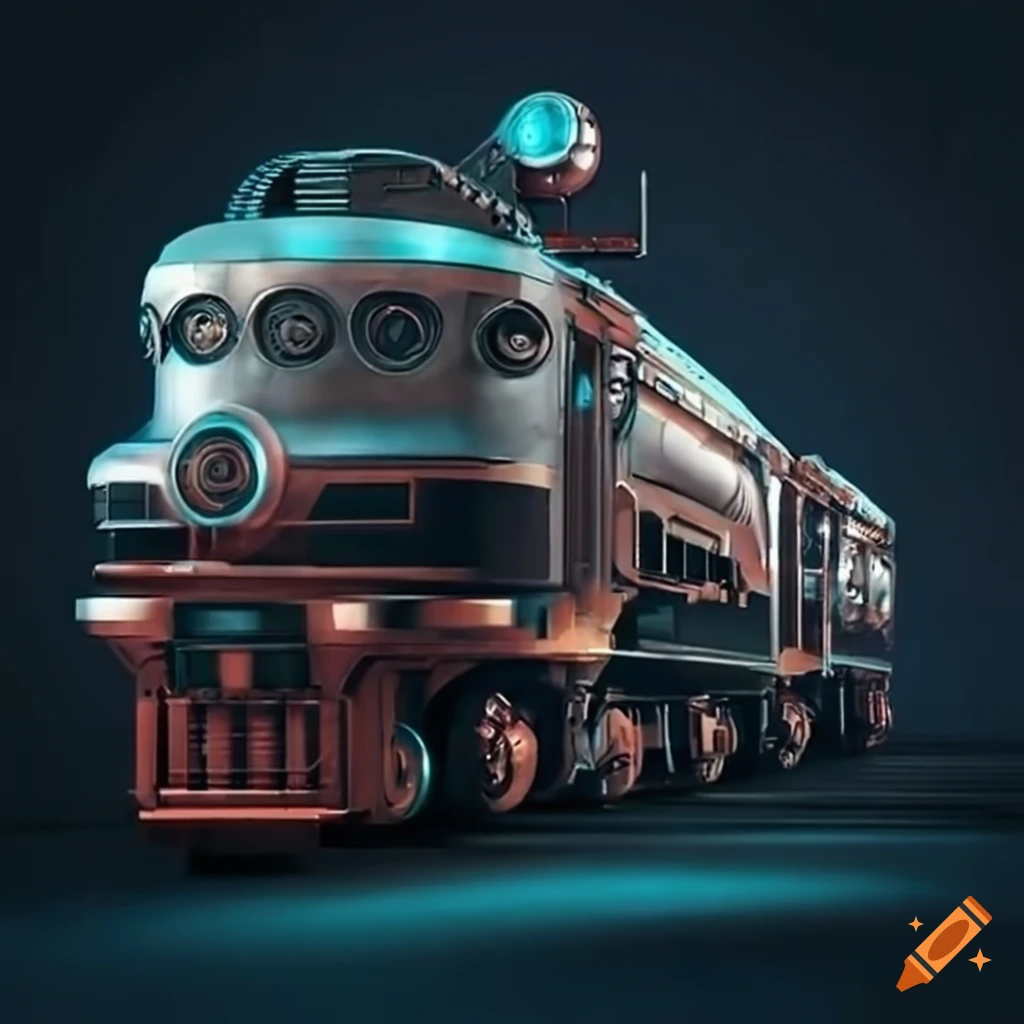 Retro-futuristic locomotive controlled by advanced robots on Craiyon