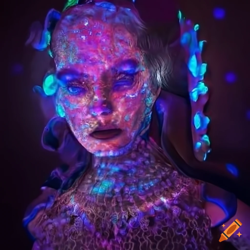 Close-up of a biopunk mermaid showcasing bioluminescent scales, gills ...