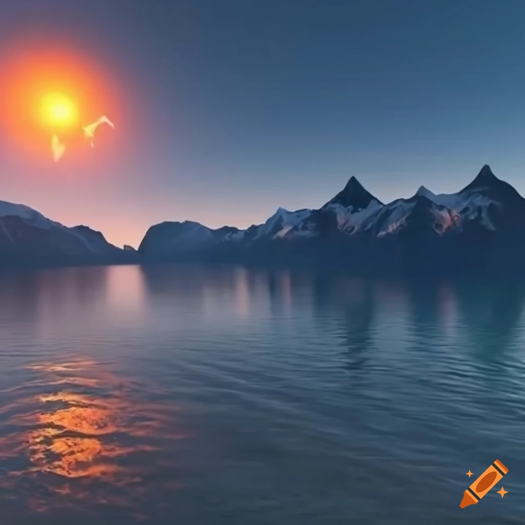 3d mountain lake scene at sunset with radiant glow and caustic ...