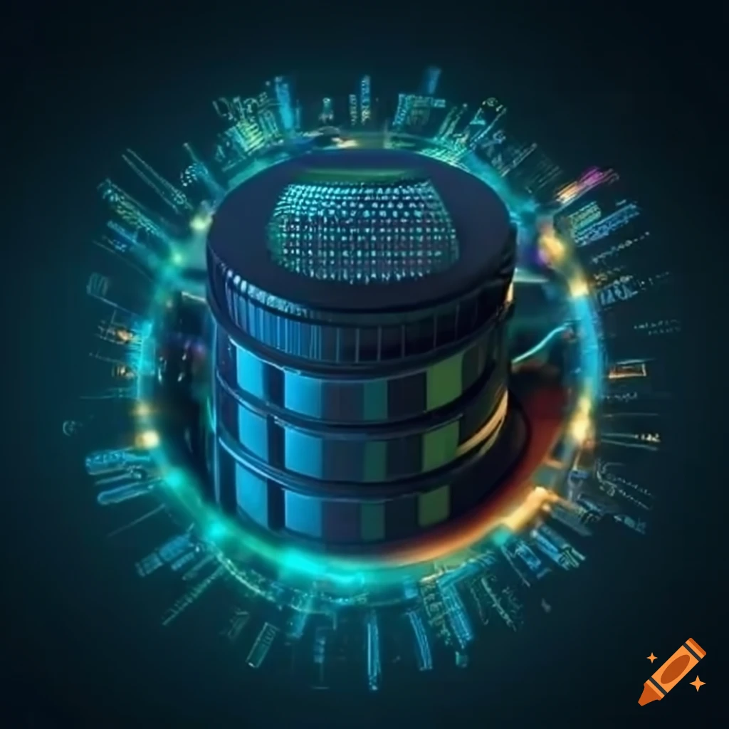 Database surrounded by data arrays on Craiyon