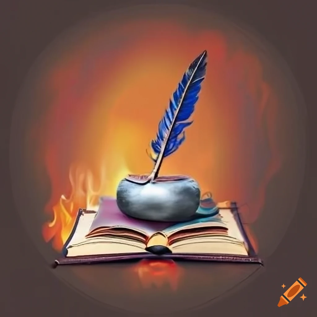 Badge with book, inkwell, and quill on flaming background on Craiyon