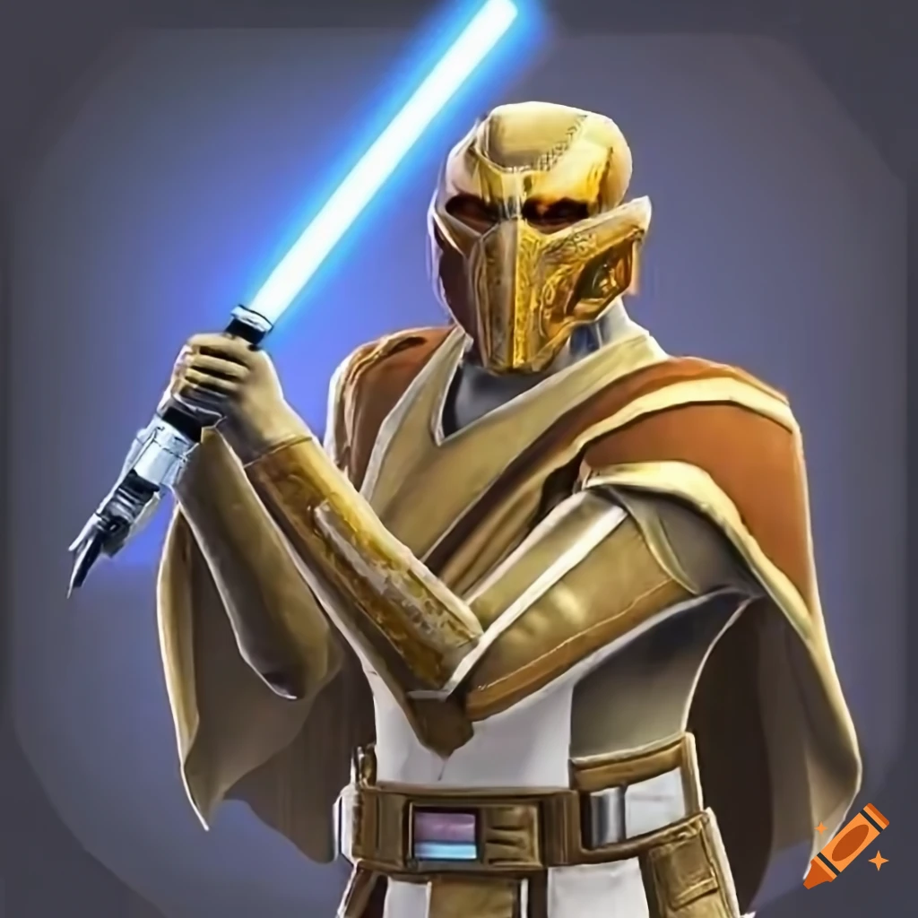 Jedi knight in gold-trimmed armor with a lightsaber on May the Fourth ...