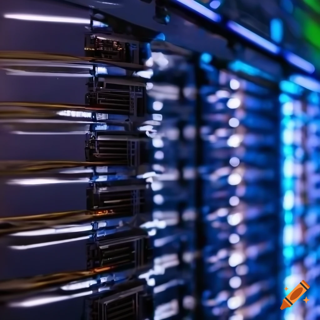 Closeup of network server desktop computer with dramatic lighting at ...